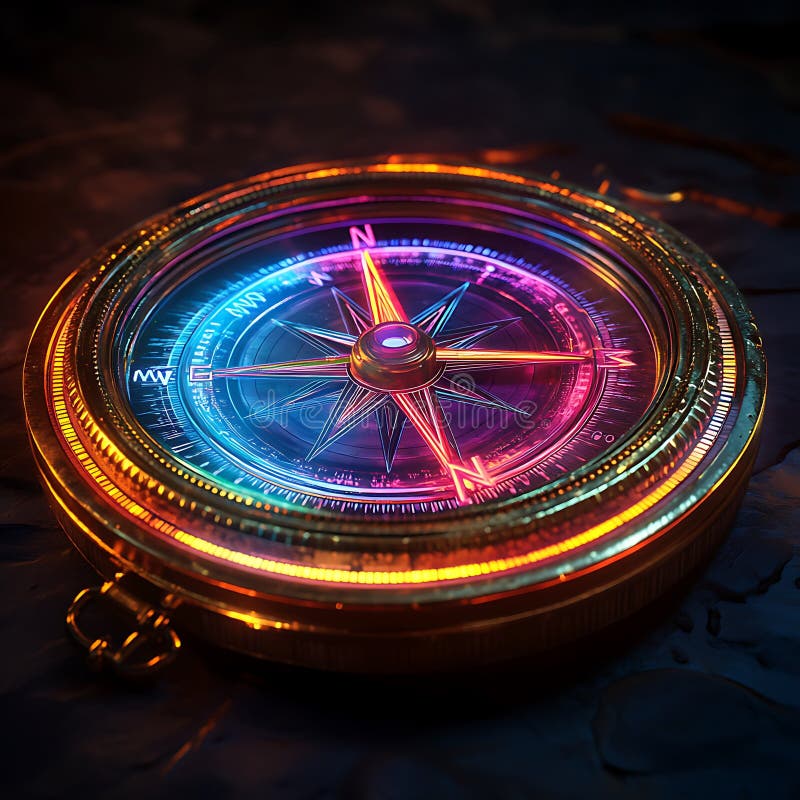 A Glowing Compass with Neon Colors on a Dark Background Stock ...