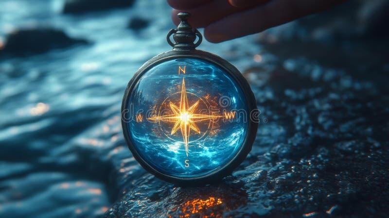 A Glowing Compass Placed on Water with Direction Markings Visible Stock ...