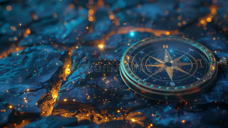 Glowing Compass on Sparkling Rocks at Night Stock Illustration ...