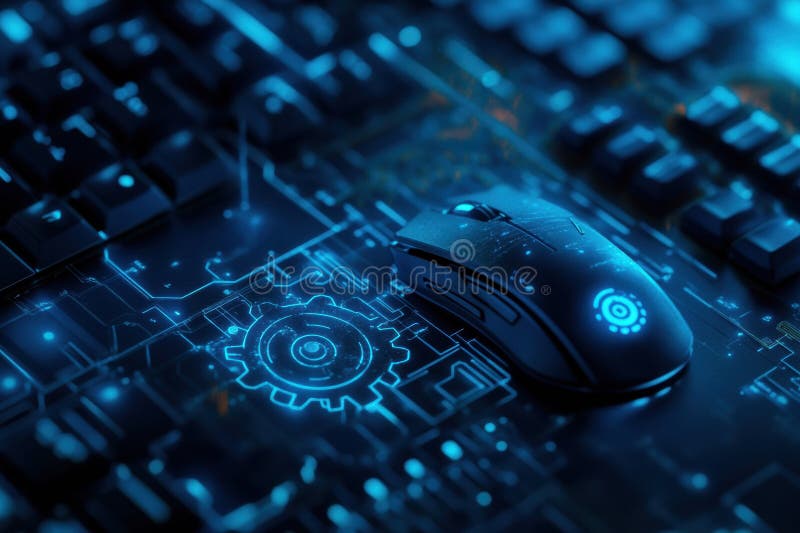 A Glowing Computer Keyboard with a High-tech Mouse and Gear Overlay ...