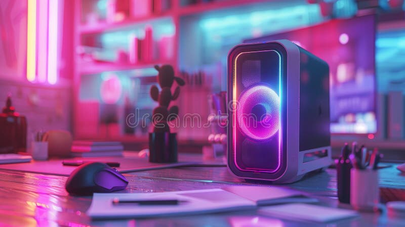 A Glowing Computer System in a Neon-lit Room. Stock Photo - Image of ...