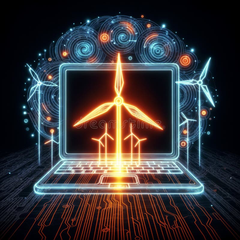 Glowing Computer with Wind Turbines on Blue Background, 3d Rendering ...