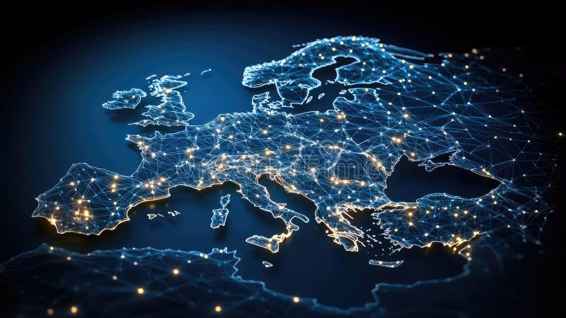 Glowing Connections Illuminate a Digital Map of Europe, Representing ...