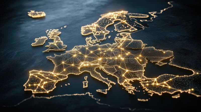 Glowing Connections Illuminate a Digital Map of Europe, Representing ...