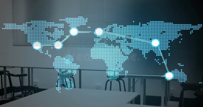 Glowing Connections on World Map in Animation Over Empty Classroom ...