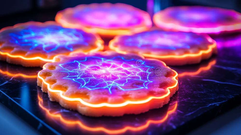 Glowing Cookies with Neon Patterns on Dark Surface Stock Illustration ...