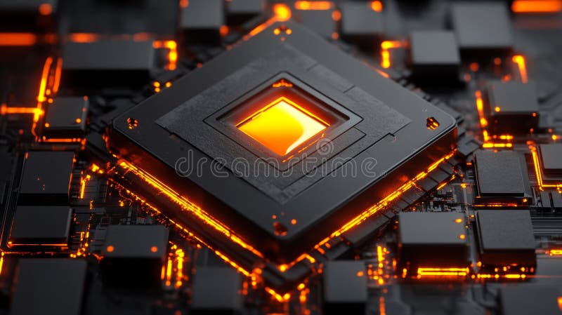 Glowing Core on a Futuristic Circuit Board, an Abstract Black and ...