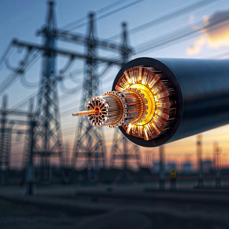 Glowing Core of High-Voltage Power Cable Cross-Section, Generative Ai ...