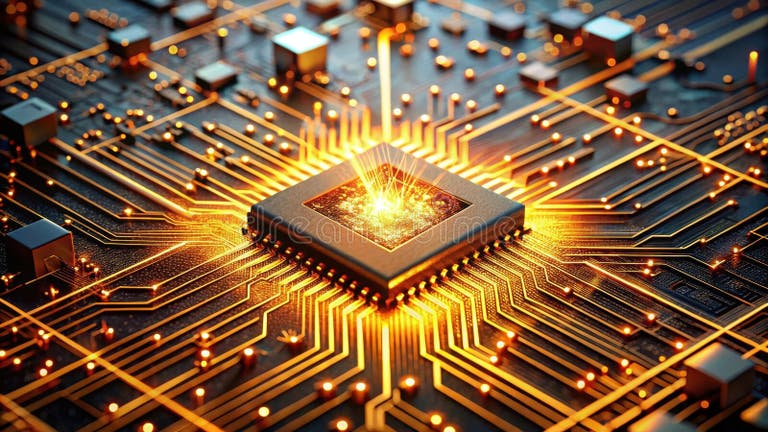 Glowing Core of a Powerful Microprocessor on Circuit Board. Generative AI Stock Illustration ...