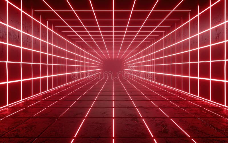 A Glowing Corridor with Red Neon Lights and Grid Patterns Creates a ...