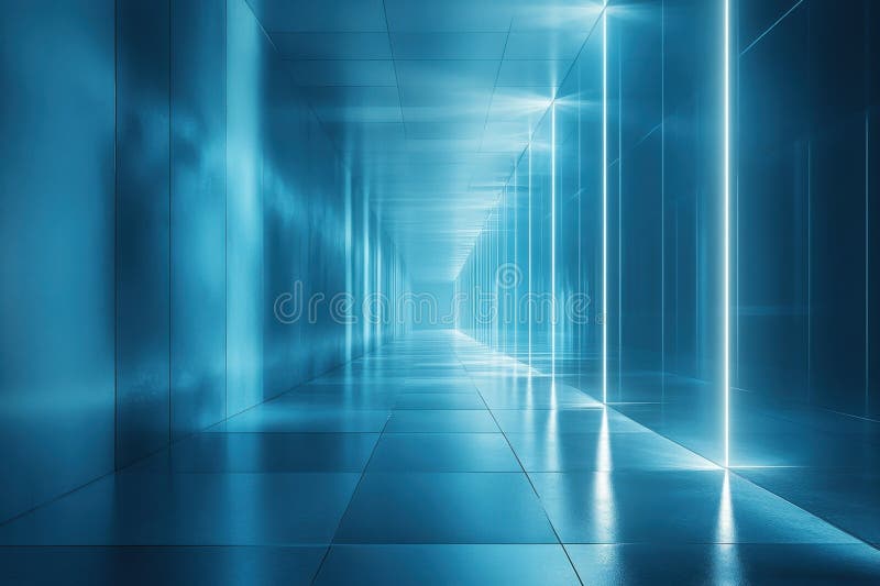 Glowing Corridor Reflective Surfaces Blue Lighting Modern Architectural ...