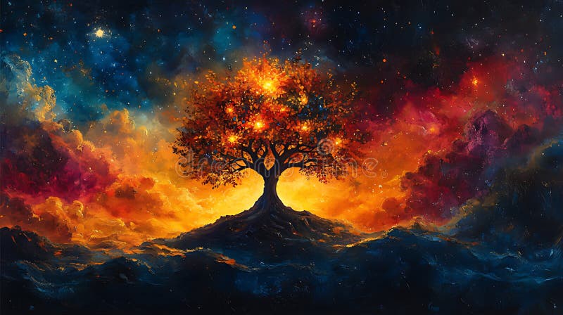 Glowing Cosmic Tree on Hilltop, Nebula Backdrop, Fantasy Art Stock ...