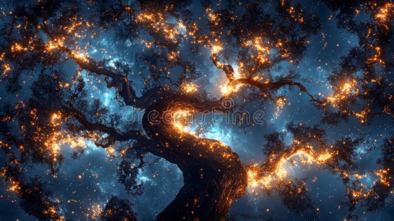 Glowing Cosmic Tree with Orange and Blue Hues Stock Illustration ...