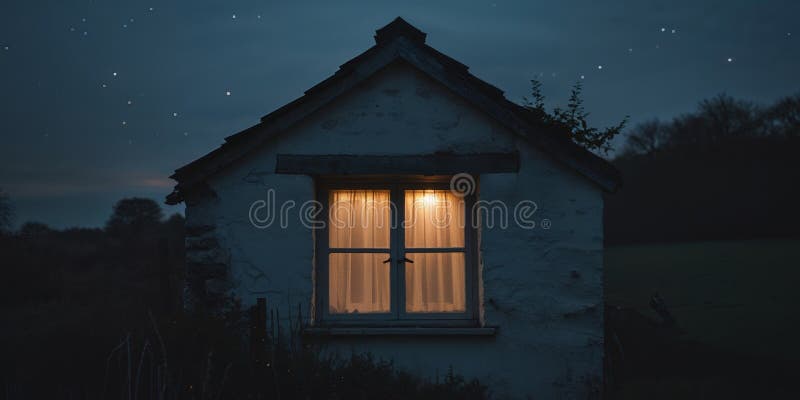 Glowing Cottage Window Night Dusk Mystery Stock Image - Image of sunset ...