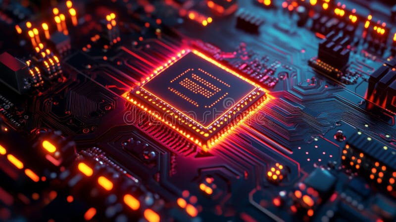 Glowing CPU Chip on a Motherboard with Red and Blue Lighting Stock ...