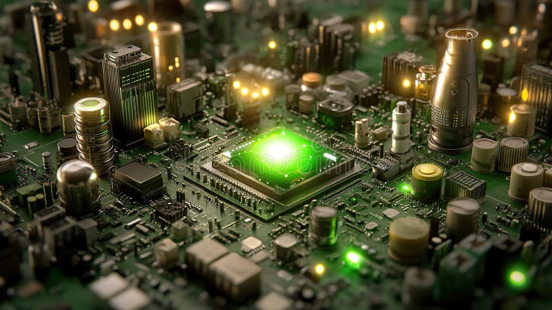 Glowing CPU on Circuit Board, Tech City Backdrop, Data Processing Stock Image - Image of design ...