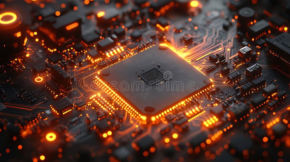 Glowing CPU on Circuit Board, Technology Background, Digital Data Processing Stock Illustration ...