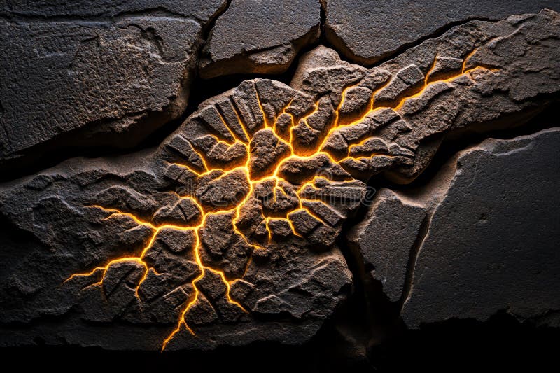 A Glowing Crack in a Rough, Dark Stone Surface Stock Illustration ...