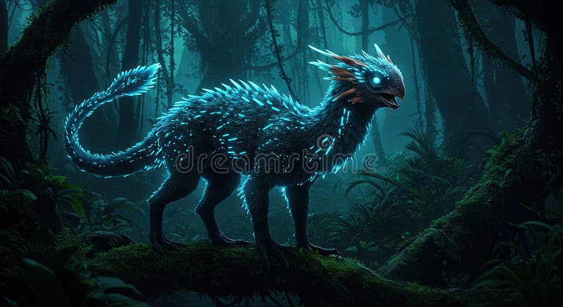 Glowing Creature Standing on Mossy Branch in a Dark Fantasy Forest ...