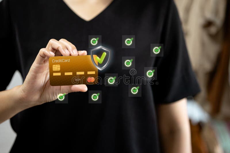 A Glowing Credit Card with a Shield Icon and Green Check Marks Stock ...