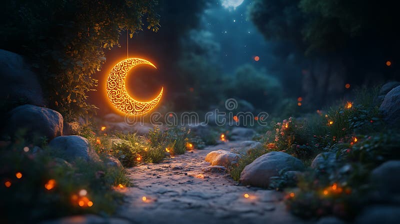 Illuminated Crescent Moon in a Magical Forest Path Stock Illustration ...