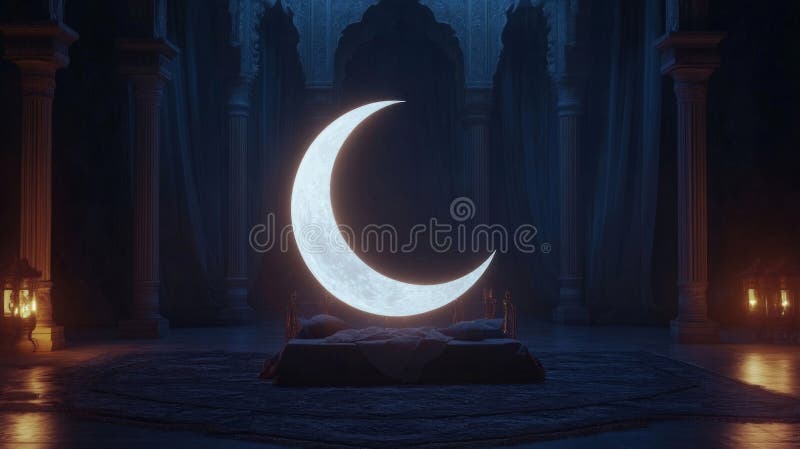 Glowing Crescent Moon in Dark Ancient Temple Stock Illustration ...