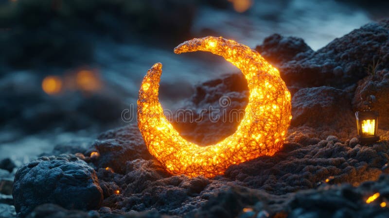 Glowing Crescent Moon on Dark Volcanic Rocks Stock Illustration ...