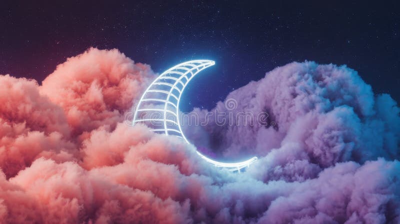 A Glowing Crescent Moon Emerges from Fluffy Clouds at Night, Radiating ...
