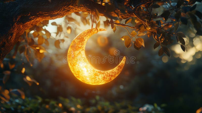 Glowing Crescent Moon Hanging from Tree Branch at Sunset Stock ...