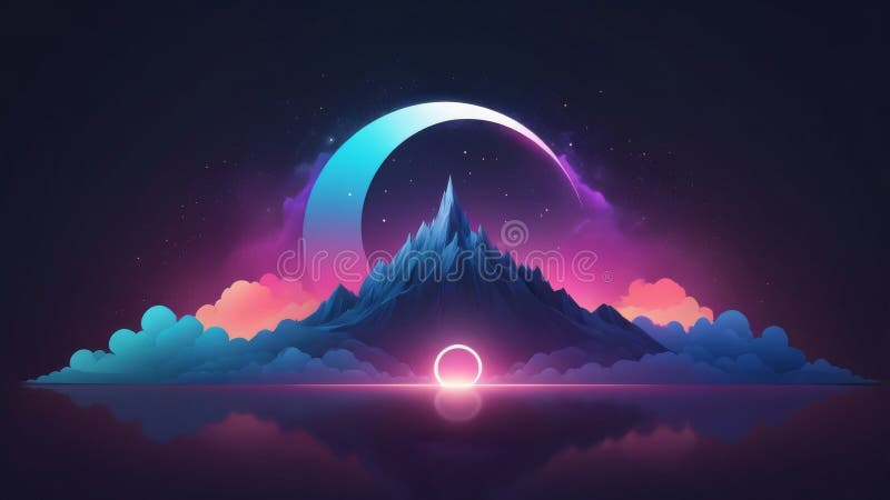A Glowing Crescent Moon Hangs Over a Mystical Mountain Stock ...