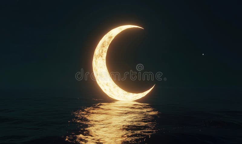 Glowing Crescent Moon Illuminating Ocean Waves at Night, Ethereal Reflection on Water Surface ...
