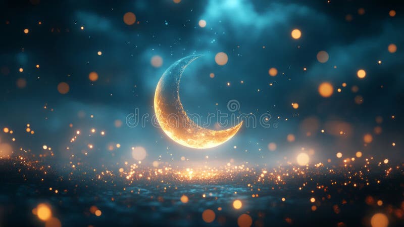 Glowing Crescent Moon in a Mystical Night Sky Stock Illustration ...