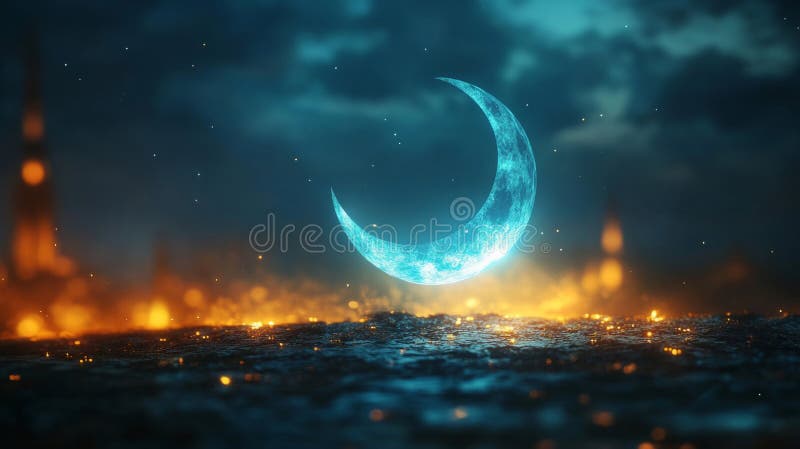 Glowing Crescent Moon in a Mystical Nightscape Stock Illustration ...