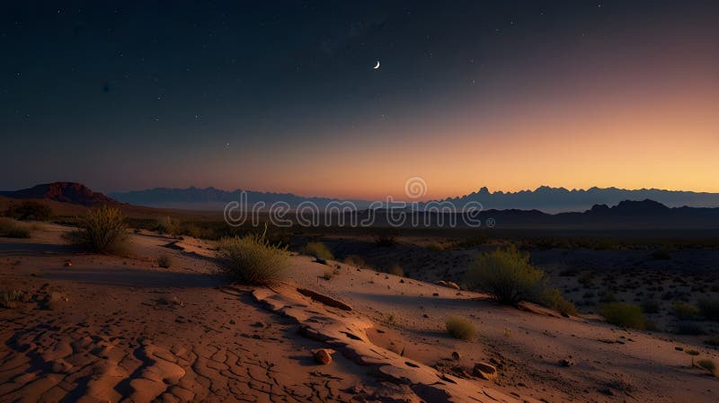A Glowing Crescent Moon Over a Desert Landscape with a Peaceful Stock ...