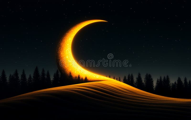 Glowing Crescent Moon Over Serene Night Landscape with Pine Trees and ...