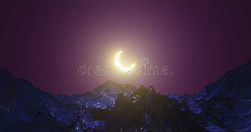 Glowing Crescent Moon in a Purple Sky Above Rough Ocean Waves Stock ...