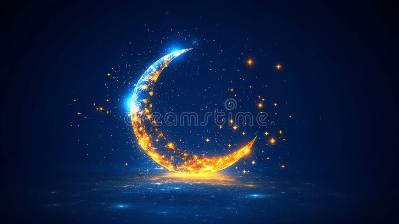 A Glowing Crescent Moon is on a Blue Background. Stock Image - Image of ...