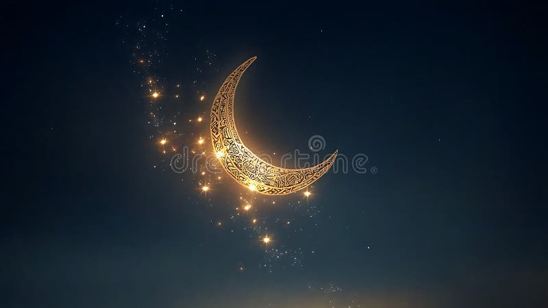 Glowing Crescent Moon with Sparkling Stars Against Dark Sky Stock ...