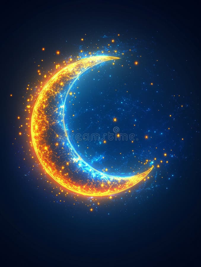 Glowing Crescent Moon and Stars in a Dark Night Sky. Stock Photo ...