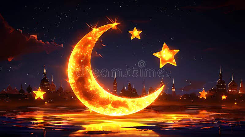 Glowing Crescent Moon and Stars Over a Cityscape at Night Stock Photo ...