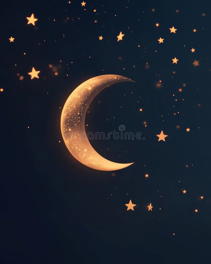 Glowing Crescent Moon Surrounded by Twinkling Stars Against a Dark Sky ...