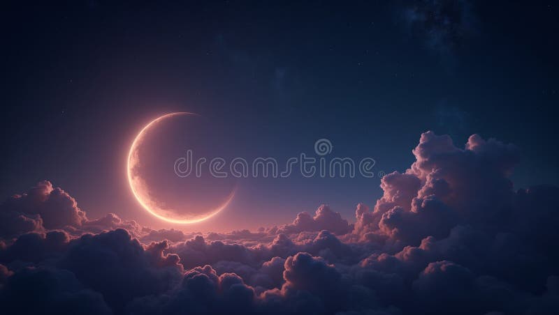 Glowing Crescent Moon in Violet Nebula Clouds with Twinkling Stars ...