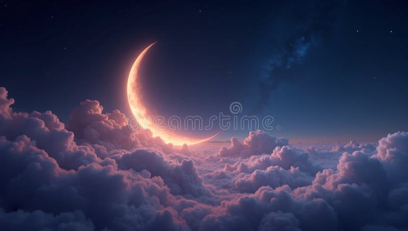 Glowing Crescent Moon in Violet Nebula Clouds with Twinkling Stars ...