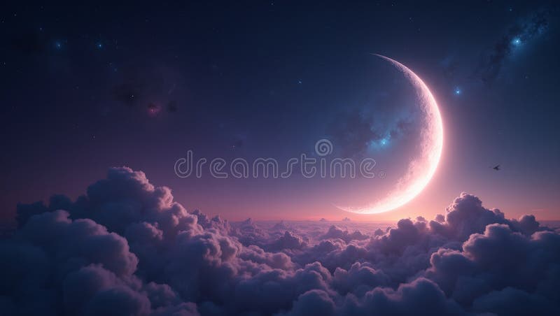 Glowing Crescent Moon in Violet Nebula Clouds with Twinkling Stars ...