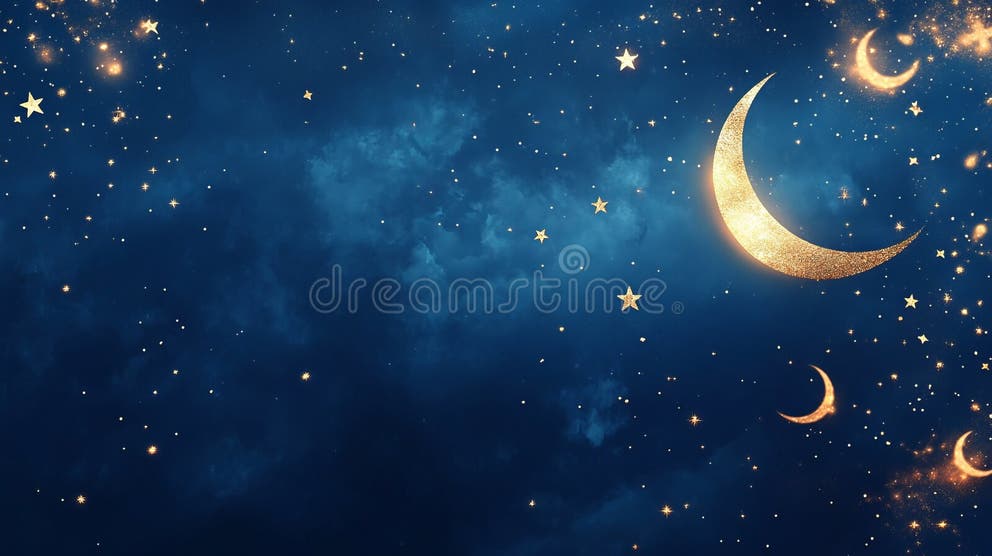 Glowing Crescent Moons and Stars on a Deep Blue and Gold Gradient ...