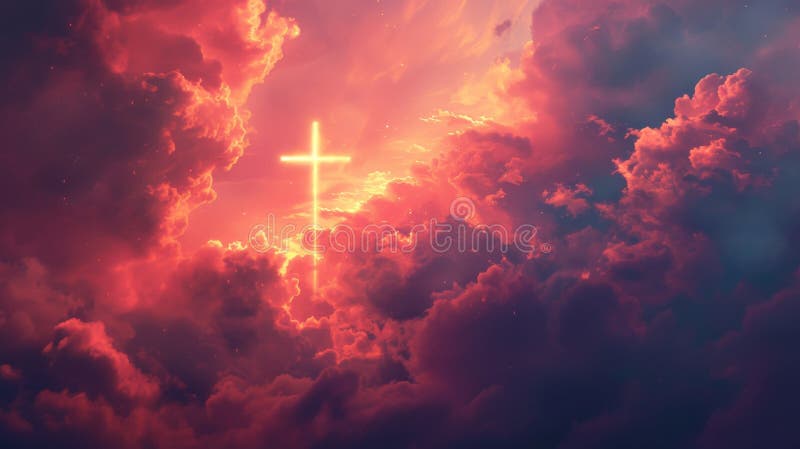 Glowing Cross in Dramatic Sunset Sky with Vibrant Clouds, Religious ...