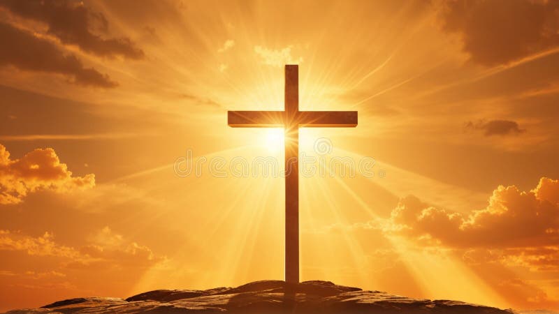 A Glowing Cross in a Golden Sunlit Sky Background Stock Illustration ...