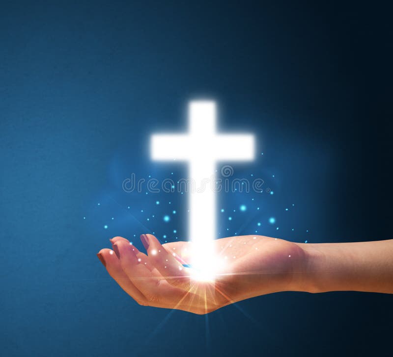 Glowing Cross in the Hand of a Woman Stock Photo - Image of religious ...