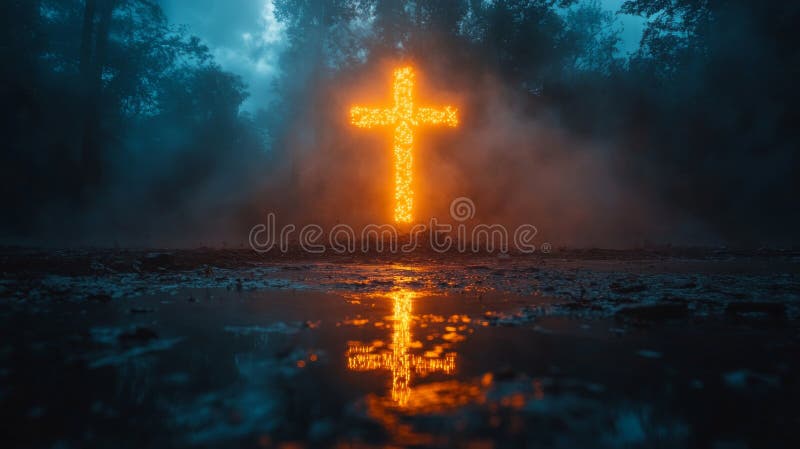 Glowing Cross in Misty Forest Reflection at Dawn Stock Image - Image of ...