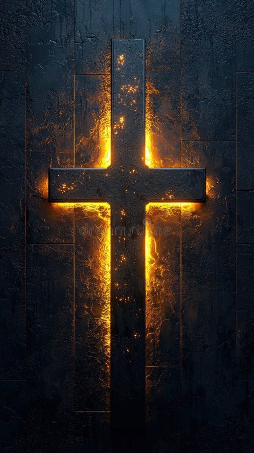 Glowing Cross on Textured Wall with Fiery Light Background Stock Image ...